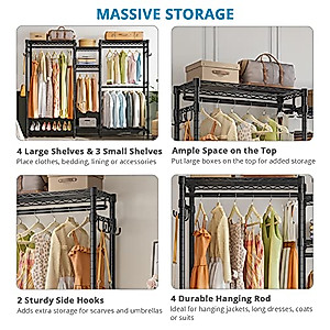 JustRoomy Heavy Duty Clothes Rack for Hanging Clothes, Large Garment Rack with Shelves Portable Closet Wardrobe Rack Freestanding Adjustable Metal Clothing Rack for Bedroom, Max Load 800 Lbs, Black