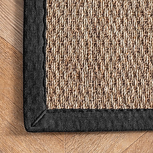 nuLOOM 4 Round Elijah Seagrass Area Rug, Black, Solid Farmhouse Style, Cotton Bordered, Basketweave, Natural Fiber, For Bedroom, Dining Room, Living Room, Hallway, Office, Kitchen, Entryway