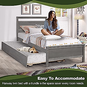 Hanway Trundle Bed Frame/American Country Style daybed and roll Out Twin Size Trundle accommodate/Made by Exquisite Pine Wood Craftsmanship and Weathered Wood Texture Finish