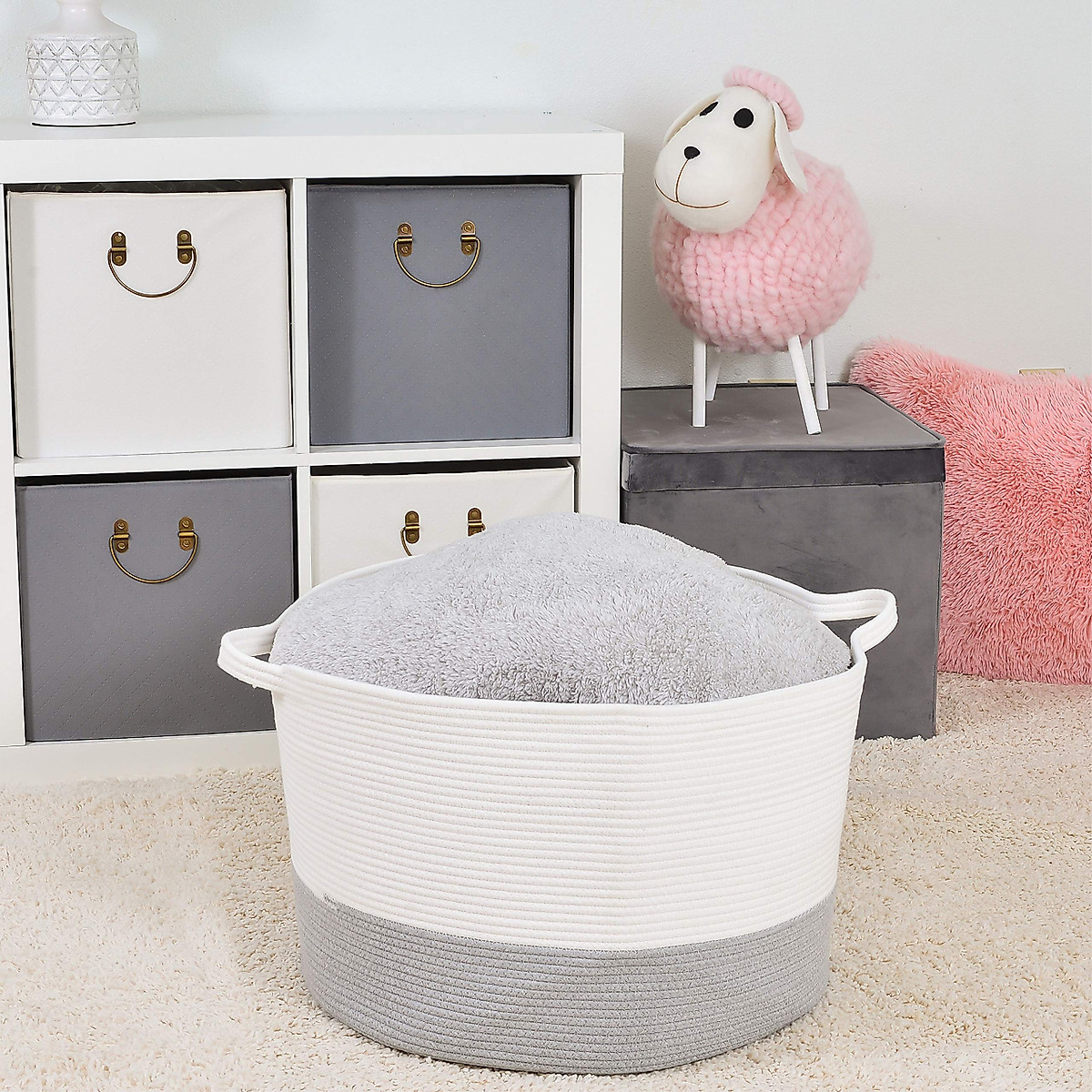 Large Blanket Basket | Cotton Rope Basket for Blankets Living Room | Size 21.7" x 21.7" x 13.8" | Large Basket for Blankets | Baby Laundry Basket |