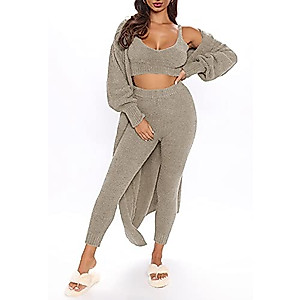 Fixmatti Fuzzy 3 Piece Legging Set for Women Open Front Cardigan Cropped Tops Long Pant Suit Khaki S