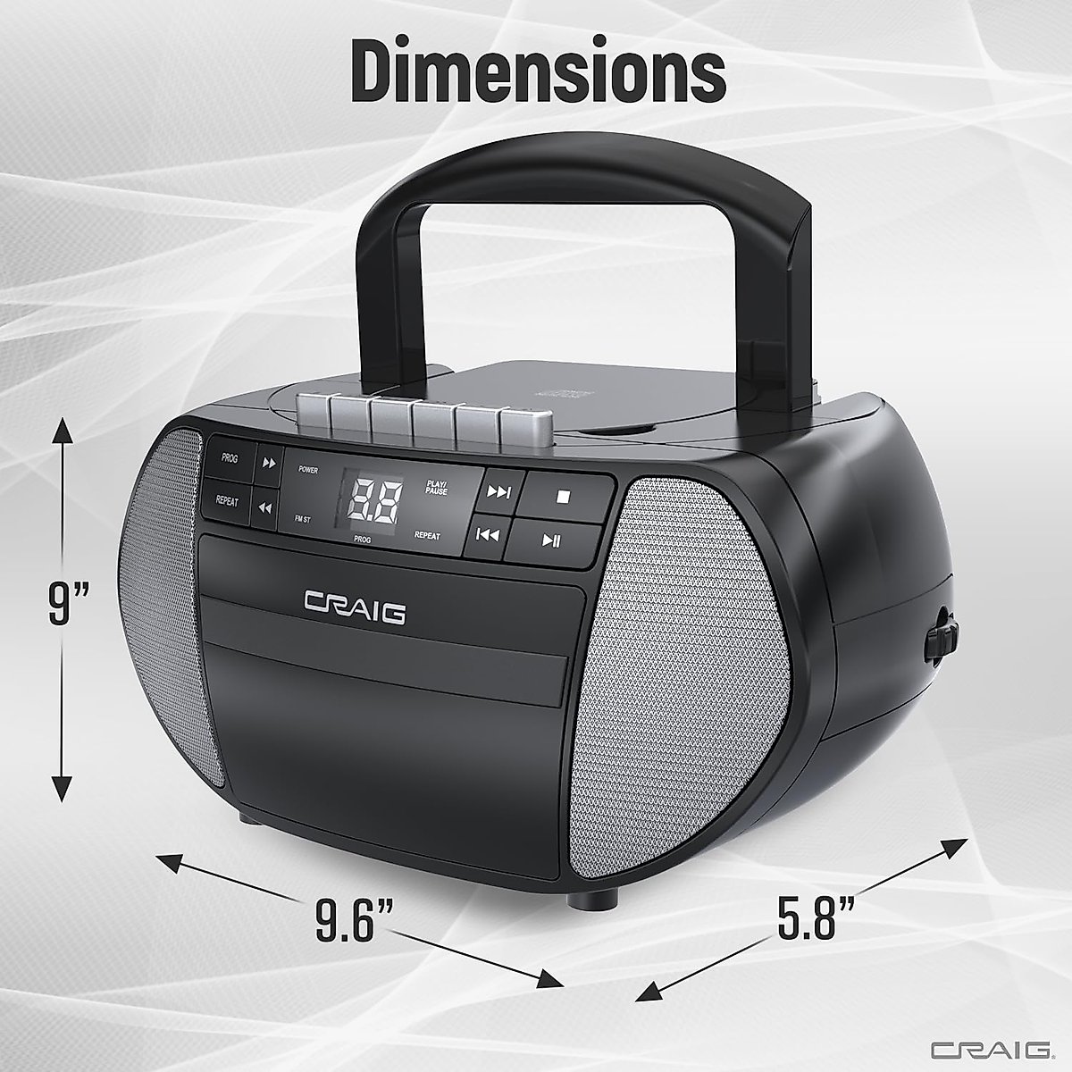 Craig Portable Top-Loading CD Boombox with AM/FM Stereo Radio and Cassette Player/Recorder in Black | Cassette Player/Recorder | LED Display (Black/Gray)
