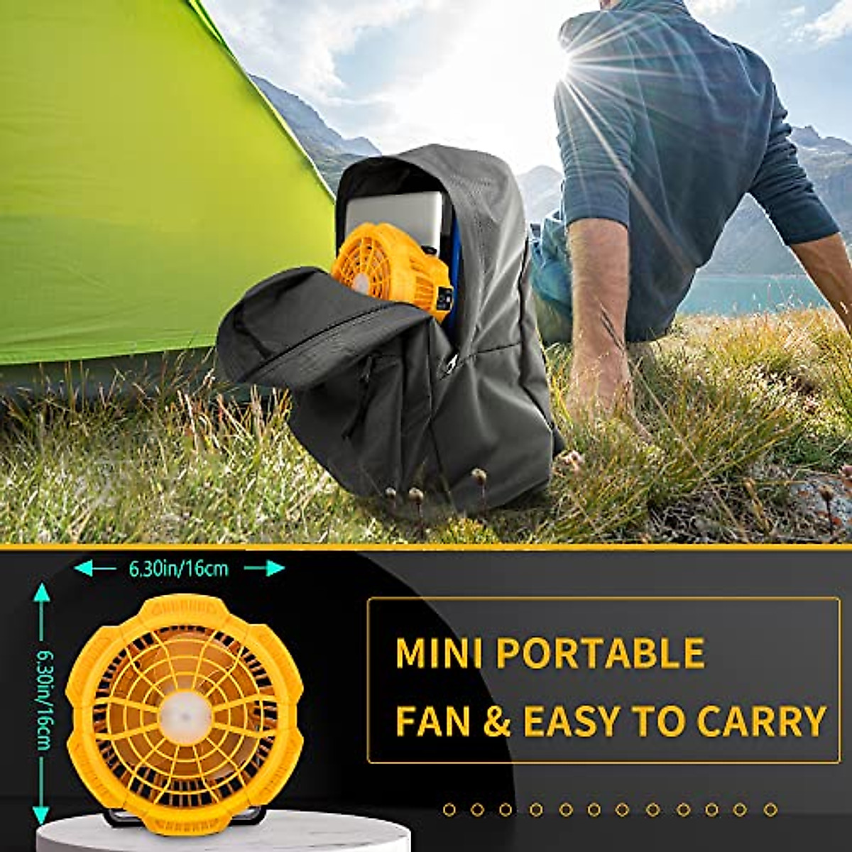 Hiesuan Compatible with Dewalt Fan 20v Portable Camping Tent Fan with Lantern, Remote, 4H Timer, Hook Cordless Ceiling Fan Personal Fan for Dewalt 14.4-20V Li-Ion Battery