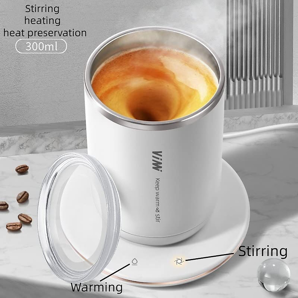 Temperature Control Smart Self Stirring Coffee Mug with Lid,auto Stirring Warmer Coffee Tea Milk Cocoa Mug for Desk Home Office,auto Controlled Heating Cup,GraateHearrt White 11 oz Electric Mixer Mug