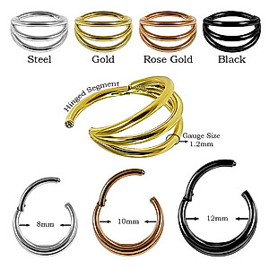 MissNity 16G 8mm Hinged Segment Nose Ring Hoop 316L Surgical Steel, 16 Gauge Triple Open Stacked Septum Clicker Cartilage Earrings Conch Daith Helix Rook Ear Lobe Piercing Jewelry, Steel