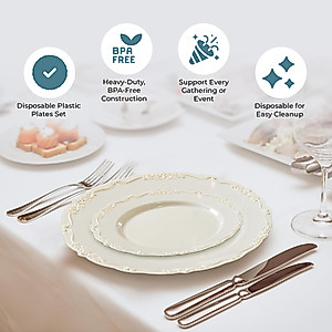 Posh Setting Disposable Plastic Plates Set - Heavy Duty Vintage Plastic Plates - Ivory Vintage Disposable Dinnerware Sets with 30 Appetizer Plates & 30 Plastic Dinner Plates for Wedding (60 Pack)