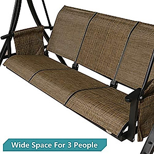 Iwicker Patio 3-Seater Porch Hammock Swing Chair Outdoor Swing Glider Bench with Stand, Textilene Mesh Sling Seats and Convertible Canopy (Brown)