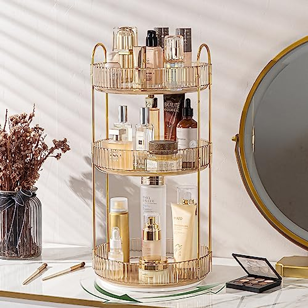CICUFY Rotating Makeup Organizer Acrylic Perfume Organizer Clear Skincare Organizer Cosmetics Organizer for Vanity Countertop-3 Tier Gold