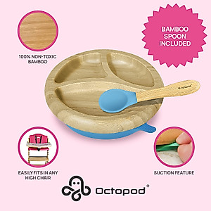 Abiie Octopod Bamboo Dish - Kids Plates for 4 months and up, 3-Compartment Baby Plates with Suction, Triangle Bamboo Baby Plate, Mess-Free Toddler Suction Plates, Baby Feeding Supplies, 8.3x1.9x7.7 in