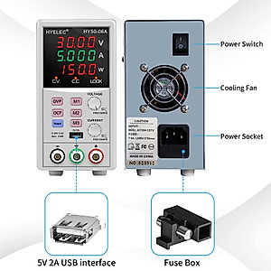 HYELEC DC Power Supply,50V 6A 150W Switching Regulated Bench Power Supply with Memory, 4-Digit LED Display, 110V Input Voltage, 5V2A USB Interface, Coarse and Fine Adjustments