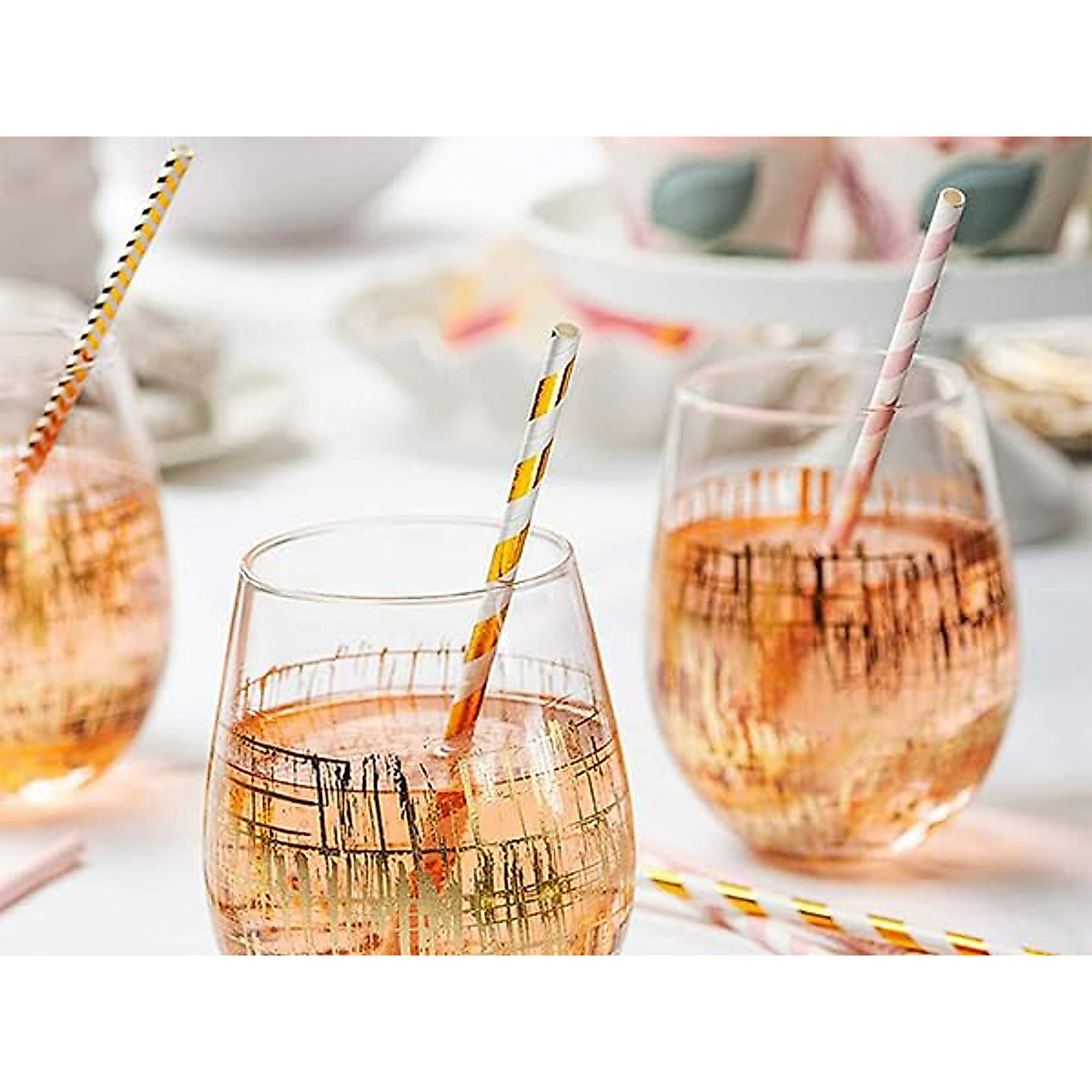 ALINK Biodegradable Paper Straws, 100 Pink Straws/Gold Straws for Party Supplies, Birthday, Wedding, Bridal/Baby Shower, Christmas Decorations and Holiday Celebrations