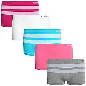 Reebok Girls' Boyshorts Underwear - 5 Pack Soft Seamless Girls Panties Boy Shorts - Breathable Panties for Girls (6-16), Size Medium, Fuchsia Stripes/White/Aqua Stripes/Pink/Sharkskin Stripes