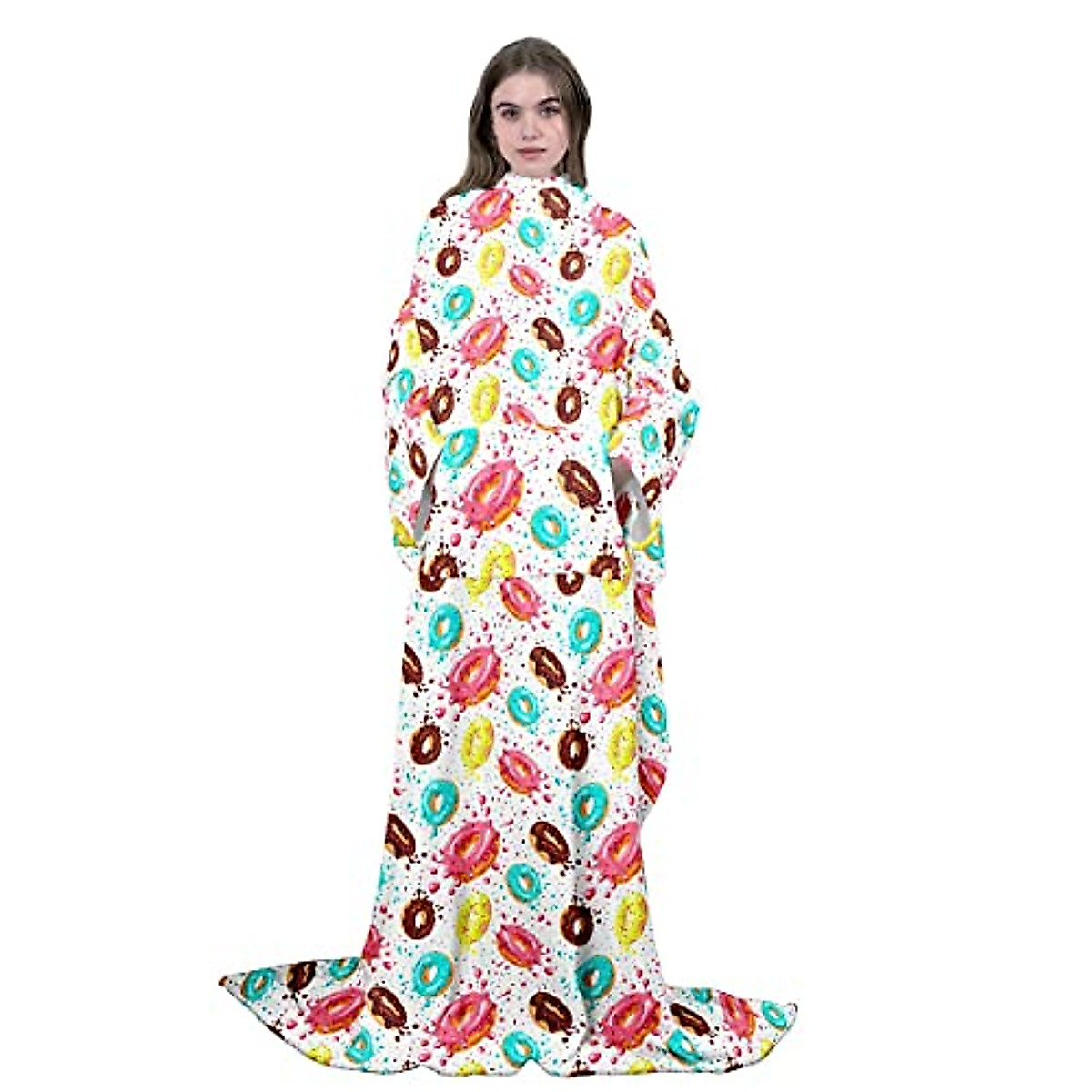 jejeloiu Chocolate Doughnut Fleece Blanket with Sleeves for Women,Whimsical Dessert Wearable Blanket Warm Cozy, Abstract Desserts Food Super Soft Sleeved Throw with Arm, 50"x70", Colorful