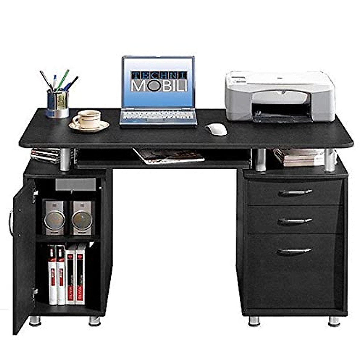Computer Desk 45" for Home Office Study Writing Table, 15mm MDF Gaming Desk with 1 Cabinet and 3 Drawers (Black)