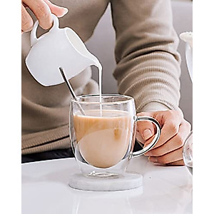 LIBWYS 4 Pack Double Walled Coffee Cups Glasses Mugs, 12oz Espresso Cappuccino Latte Tea Cups with Handle, Heat Resistant Borosilicate Clear Glasses 350ml