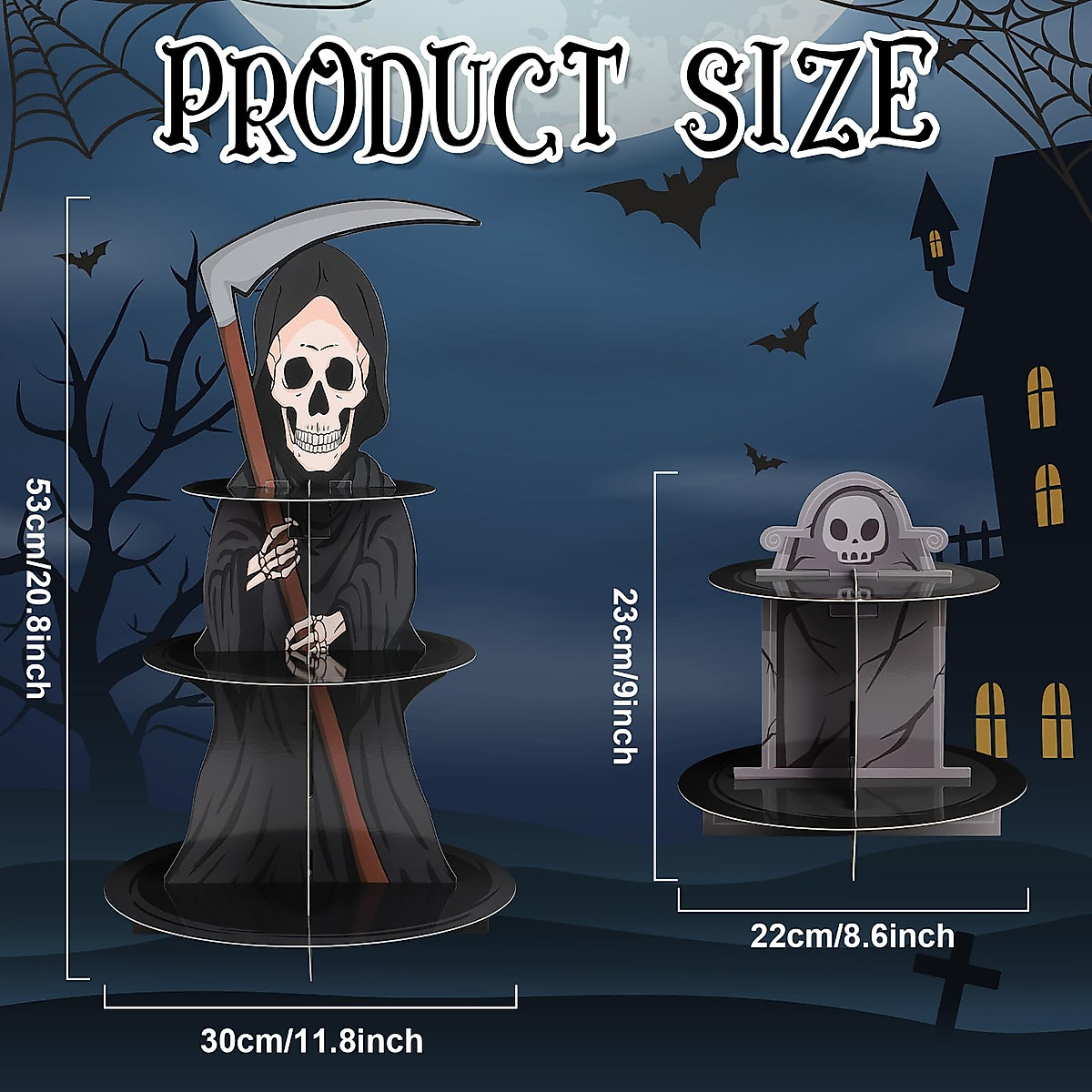 Halloween Cupcake Stand for 24 Cupcakes, Death and Tombstone Halloween Cupcake Decorations, Cardboard Cupcake 3 Tier and 2 Tier Set, Halloween Party Supplies. (Death)