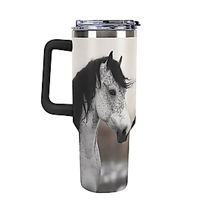 STVNKML 40 Oz Tumbler with Handle Black And White Horses Stainless Steel Coffee Mug Reusable Travel Mug Leak-proof Insulated Car Cup Large Capacity Tumbler for Travel, Outdoor, Home Use (Black)