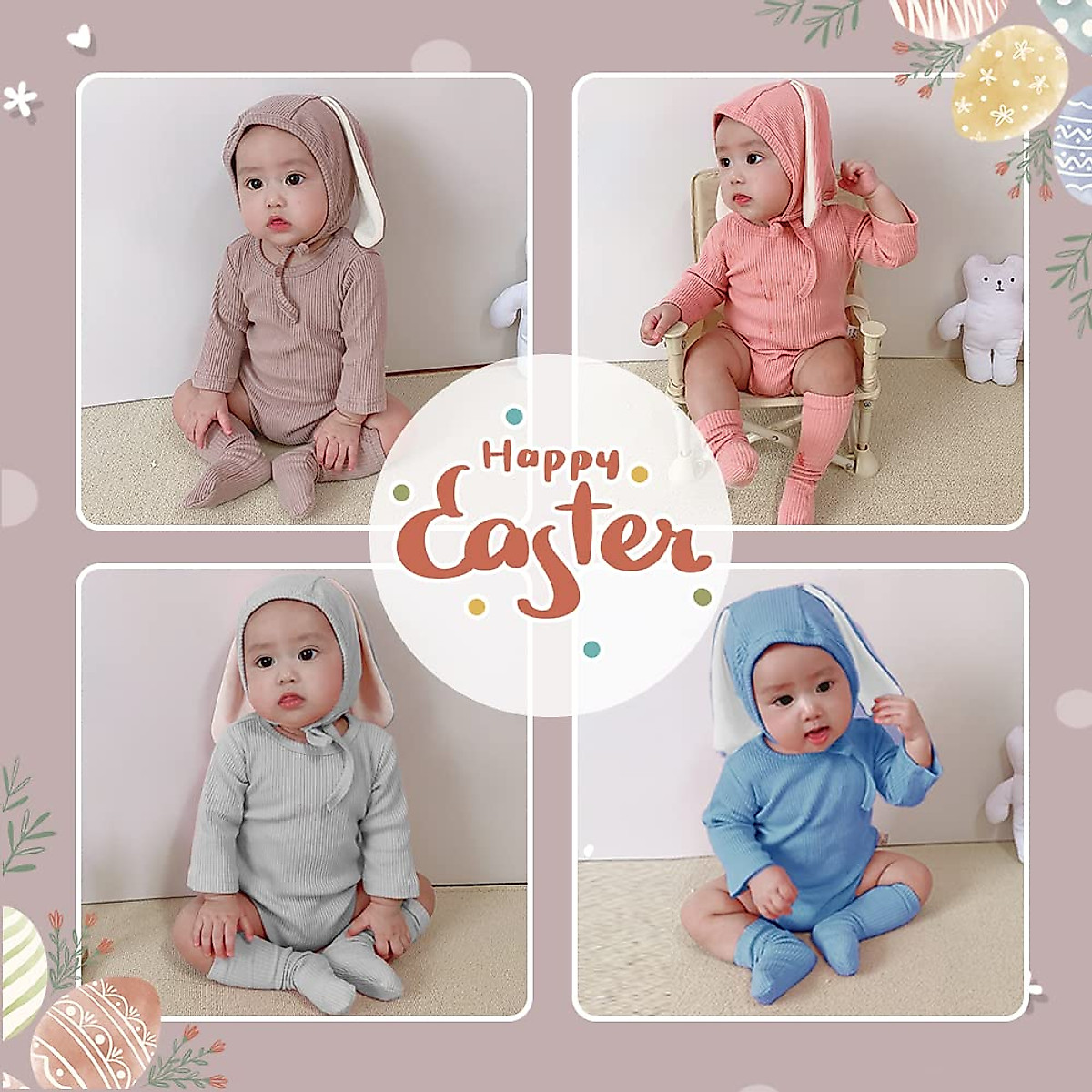 XIFAMNIY Baby Easter Bunny Outfit Romper Bodysuit with 3D Rabbit Ear Hat for Baby Newborn Infant