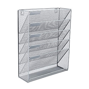 EasyPAG 5 Slot Wall Hanging File Organizer Vertical Office Desk /Wall Mounted File Holder Paper Organizer with Bottom Flat Tray,Black,Silver