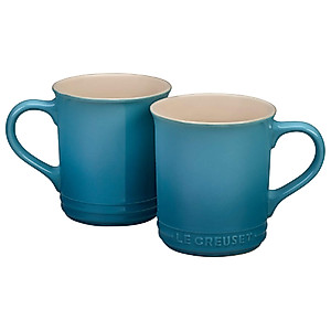Le Creuset Enamel On Steel Demi Kettle & Stoneware Set of 2 Mugs, 1.25 qt. Kettle & (2) 14 oz. Mugs, Caribbean