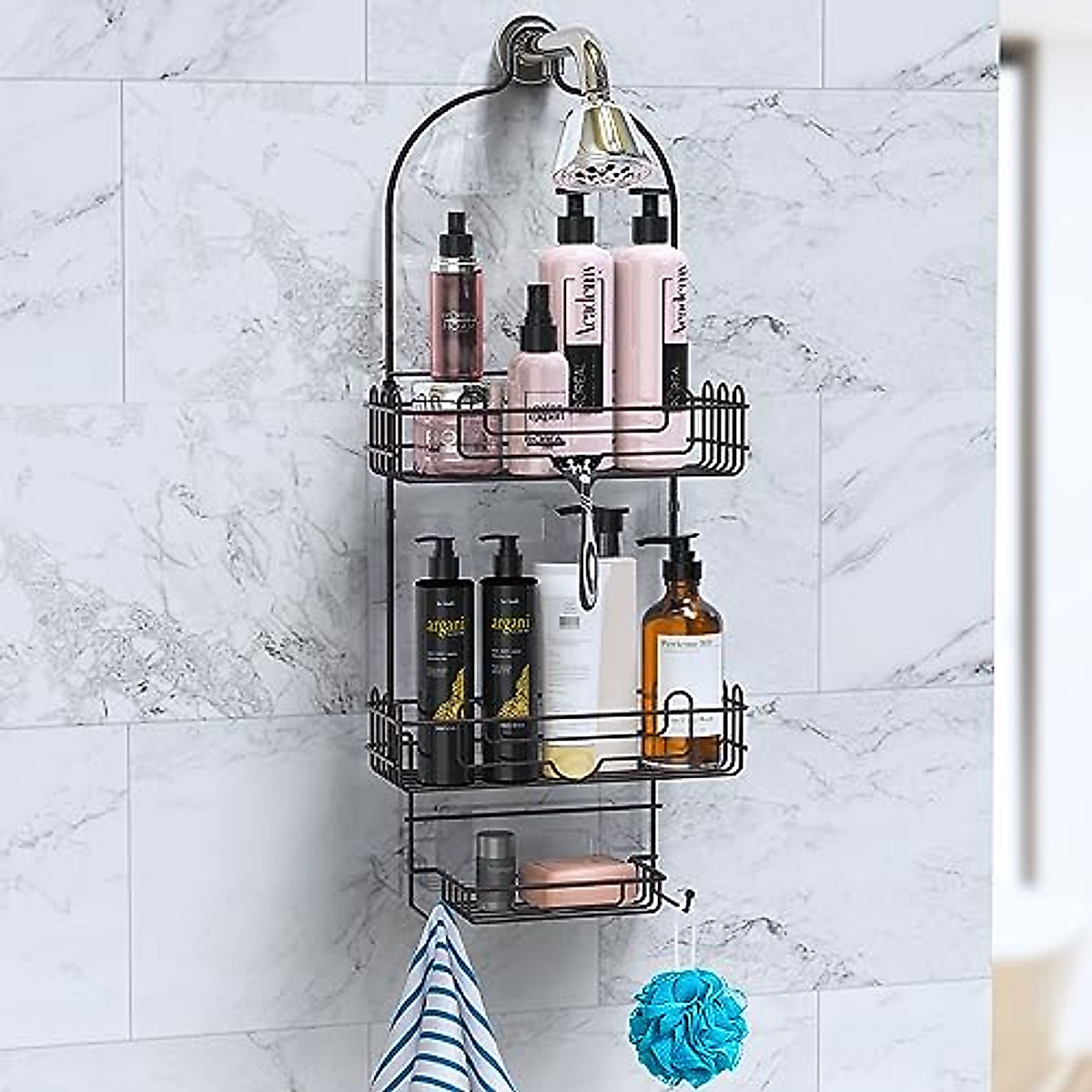 Bextsrack Shower Caddy Over Shower Head, Bathroom Hanging Shower Organizer Rack with Hooks, SUS201 Stainless Steel Shower Shelves for Shampoo, Soap, Bronze