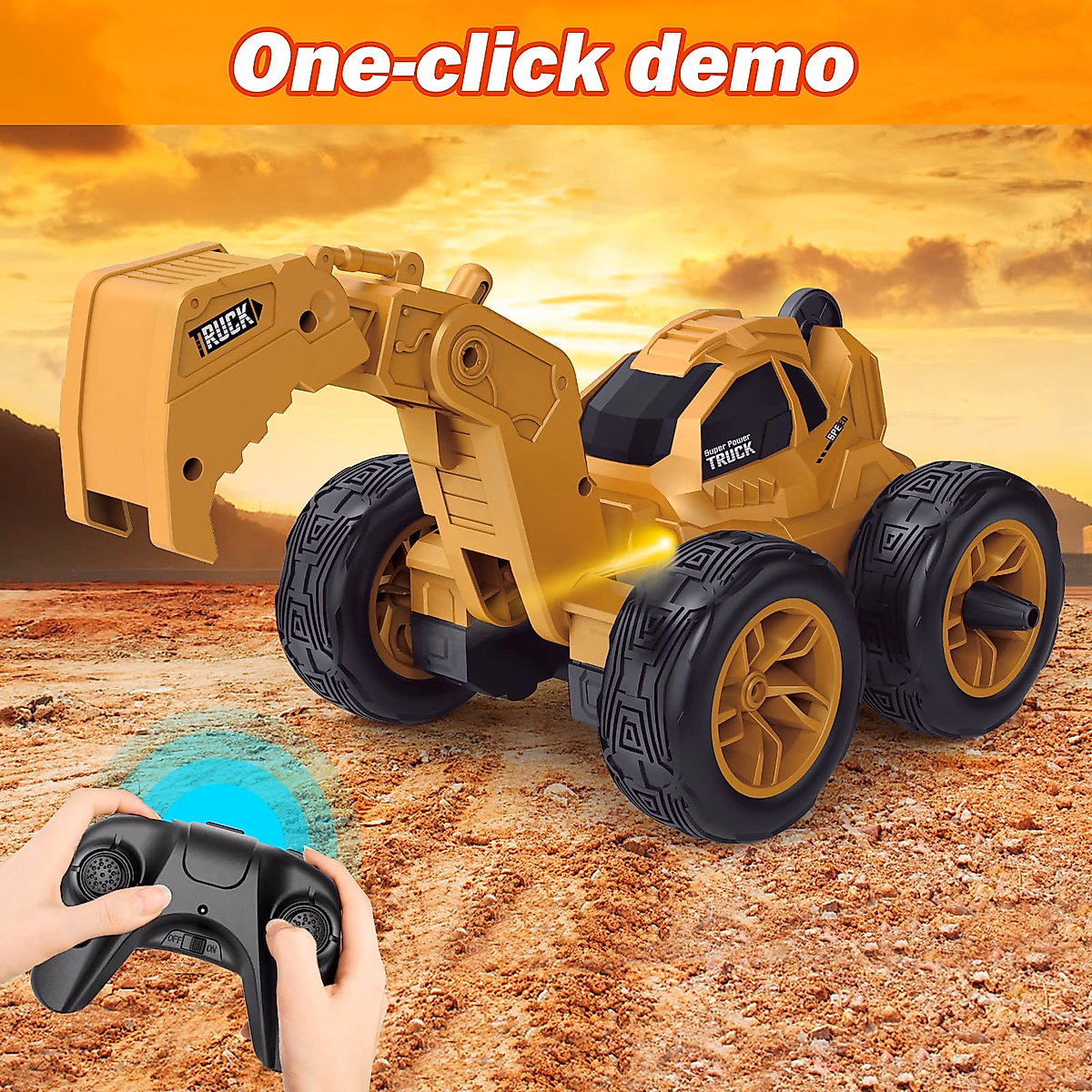 Dawdix Remote Control Excavator Toy Truck, Rotate 360 degrees Excavator Construction Vehicles with LED Light, 2 Rechargeable Batteries, Ideal Gift for Kids
