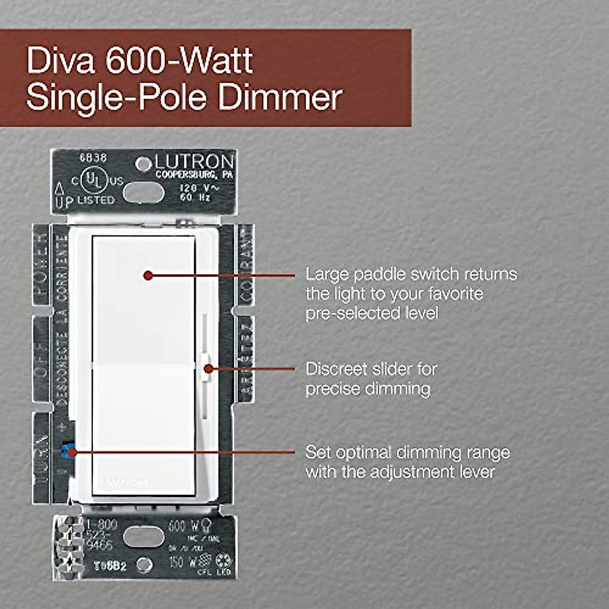 Lutron Diva Dimmer Switch for Incandescent Bulbs, 600-Watt/Single-Pole, DV-600PH-LA, Light Almond