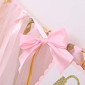 Highchair Banner 1st Birthday Girl - Tulle And Ribbon Banner For First Birthday, Cake Smash Photo Prop, Party Supplies (Pink)