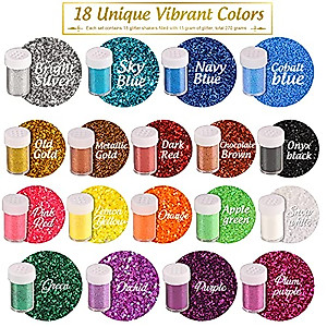 LEOBRO 18 Pack Glitter, Resin Glitter Shake Jar, Fine Glitter, Multi Assorted Set Extra Fine Glitter for Resin Nail Art Crafts Tumbler Scrapbook Jewelry Making, 15g/ Bottle, Total 270g
