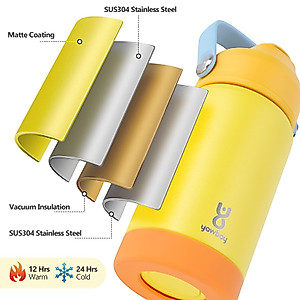 Kids Insulated Water Bottle with Straw Lid & Silicone Handle,12oz Kids Leak Proof Water Bottle for School Boys Girls,Double Wall Vacuum Stainless Steel with Non-slip Silicone Base(Yellow)