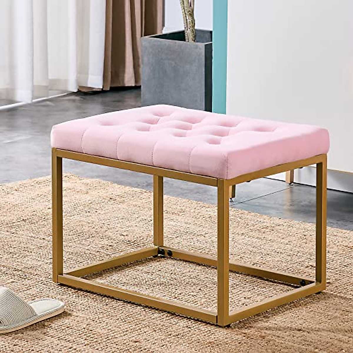 AWQM Vanity Stool,Pink Velvet Ottoman Bench,Vanity Bench with Gold Legs,Upholstered Rectangle Velvet Foot Stool Chair,Comfy Vanity Chair, End of Bed Bedroom,Makeup Chair for Living Room Entryway