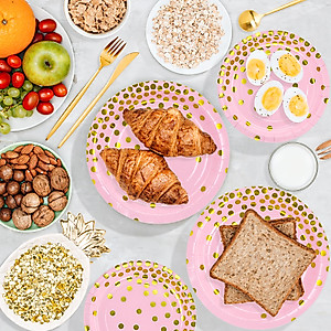 DYLIVeS 80 Count Pink and Gold Paper Plates, 7 inch Metallic Foil Polka Dots Disposable Dessert Party Plates Cocktail Party Supplies Plates for Birthday, Bridal Shower, Easter, Graduation Party