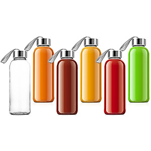 QCen 18oz Clear Glass Bottle for Juicing, Reusable Glass Water Bottles for Juicer Machine, with Stainless Steel Leak-Proof Lids, Wide Mouth Liquid Storage Containers, BPA Free, Set of 6