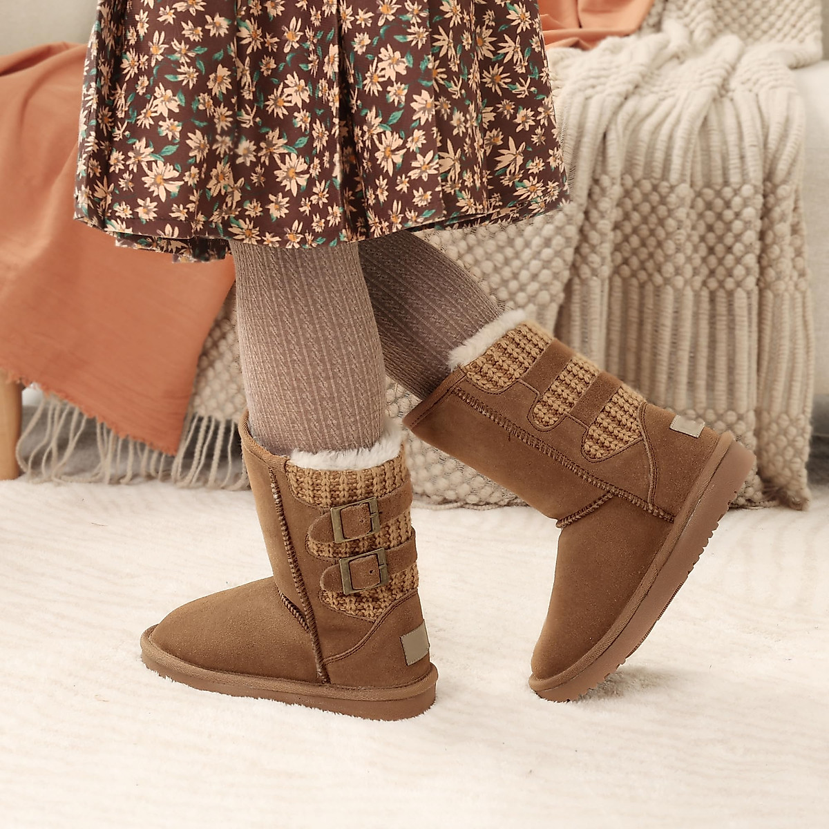 DREAM PAIRS Girls Boys Winter Boots Faux Fur Lined Mid Calf Kids Snow Tall Shoes for Little Kid/Big Kid,Size 13 Little Kid,Chesnut,Sweaty-Buckle-K