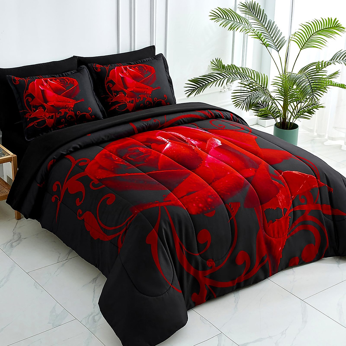 WONGS BEDDING Red Comforter Set King, Reversible Red Rose 7 Pieces Bed in a Bag, Lightweight Soft Microfiber Bedding Sets with Comforter, Flat Sheet, Fitted Sheet, Pillowcases & Shams