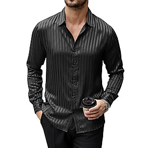 URRU Men's Black Dress Shirt Luxury Dress Shirts Casual Luxury Shiny Silk Long Sleeve Striped Button Down Wedding Shirt Party Prom Shirt Black L