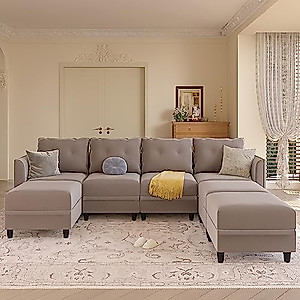 LLappuil Velvet Modular Sectional Sofa with Reversible Chaises, 7 Seater U Shape Sectional with Storage, Waterproof, Anti-Scratch and Antistatic Modular Couch for Living Room, Brown