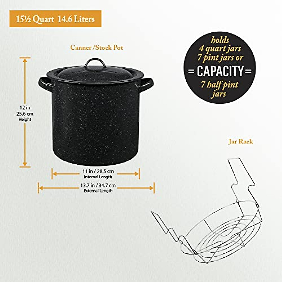 Granite Ware Enamel on Steel 15.5-Quart Water Bath Canner with lid & Jar Rack, Multiuse Pot, Resistant & Easy to Clean