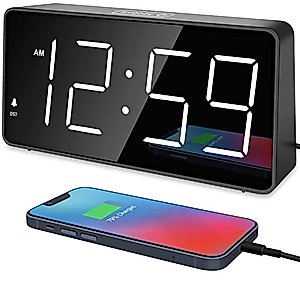 Peakeep Digital Clock, Alarm Clock for Bedrooms - Large Big Numbers 5 Dimmers for Seniors, Battery Backup Loud Alarm Clock with USB Charger Port (White)