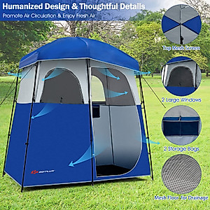 Goplus 2 Room Shower Tent, Portable Camping Changing Tent with Floor Drain,Detachable Rain Fly, Stakes & Ropes, UV Protection, Water Resistant Privacy Tent for Outdoor Toilet, Dressing, 7’ x 3.5” x 7’