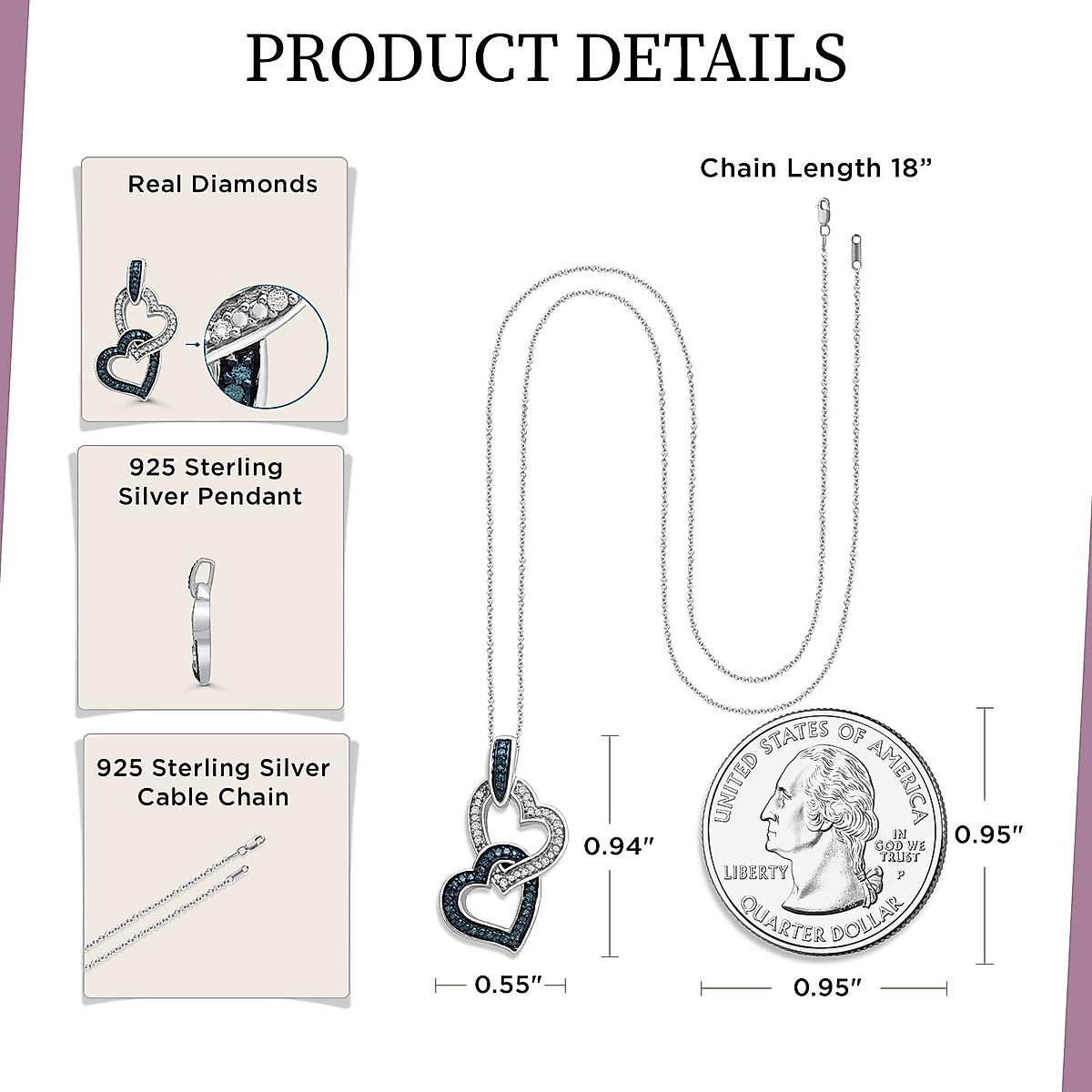 Jewelili Double Heart Necklace Pendant with Treated Blue and Natural White Round Diamonds in Sterling Silver 1/6 CTTW 18 inch Cable Chain