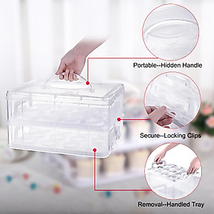 BTSKY 2 Tier Clear Plastic Cupcake Holder with Lid & Handles, Portable Cupcake Carrier for 24 Cupcakes, Stackable Cupcake Storage Container with Convenient Slot Tray Large Plastic Storage Box, White