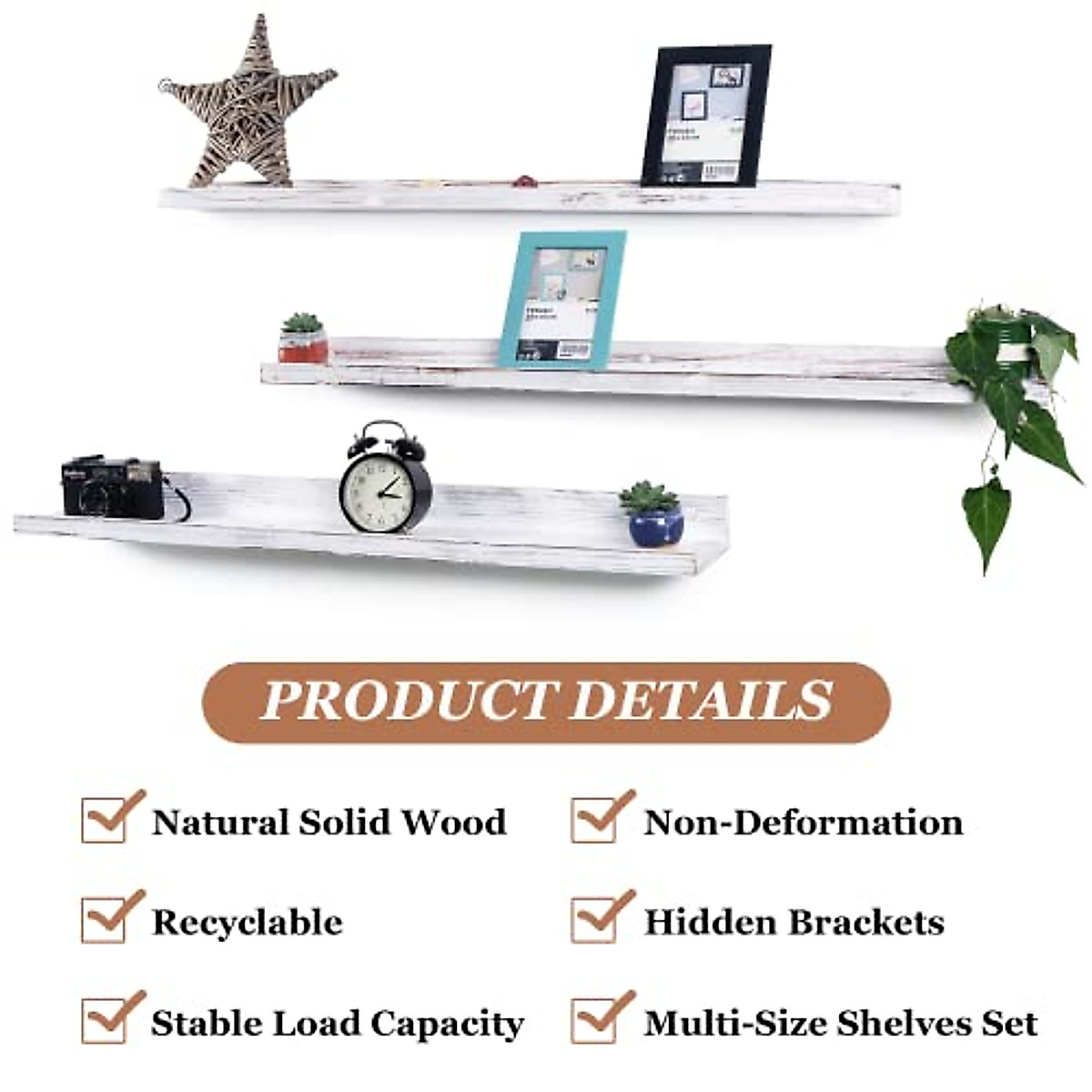 CRCHOM Picture Ledge Shelf 36" Wood Photo Shelves for Wall Mounted Long Floating Shelves with Lip Set of 3 Display Ledge Book Shelf for for Home Decor,Rustic White