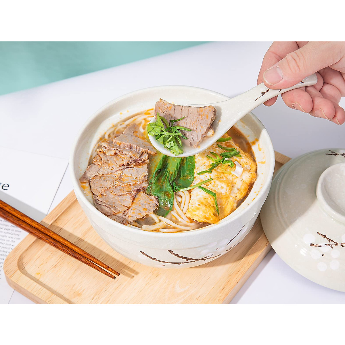 LLDAYU Japanese Creative Hand-Painted Ceramic Bowls with Soup Spoon, Large 27.5 OZ ramen bowls/Soup bowls,with Heat Preservation Function, and Suitable for Microwave Oven, and Dishwasher - Cyan Blue