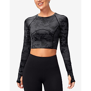 SANTINY Women's Long Sleeve Crop Workout Tops Slim Fit Gym Yoga Running Shirts for Women(Grey Camo_XL)