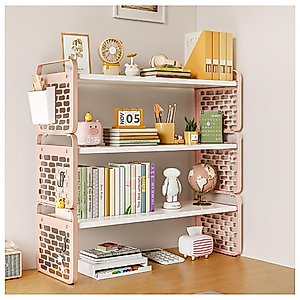 Atkits 3 Tier Desk Hutch Desktop Bookshelf Organizer Desk Hutch Top Only Computer Desktop Bookcase Countertop Storage Hutch Display Rack Table Top Shelves for Desk,Pink,3 Tier
