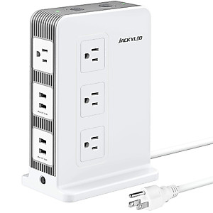 JACKYLED Power Strip Surge Protector Tower, 10 Widely Multi Outlet with 4 USB Vertical Charging Station, 1875W 15A, 1080J with 6ft Heavy Duty Extension Cord,UL Certificate, ETL Listed, White
