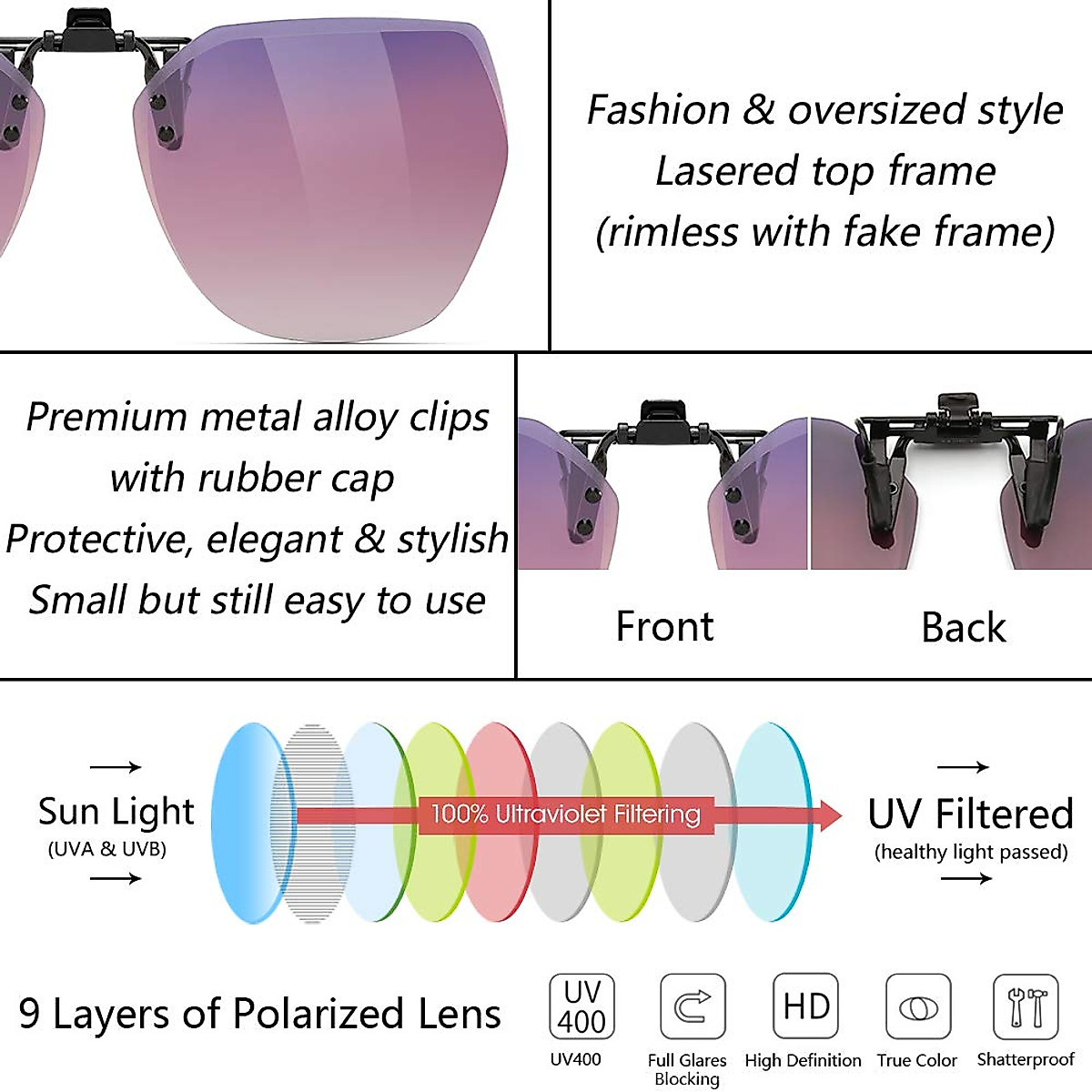 CAXMAN Polarized Clip On Sunglasses for Women Over Prescription Glasses 100% UV Protection Flip Up Transition Purple Mirrored Lenses