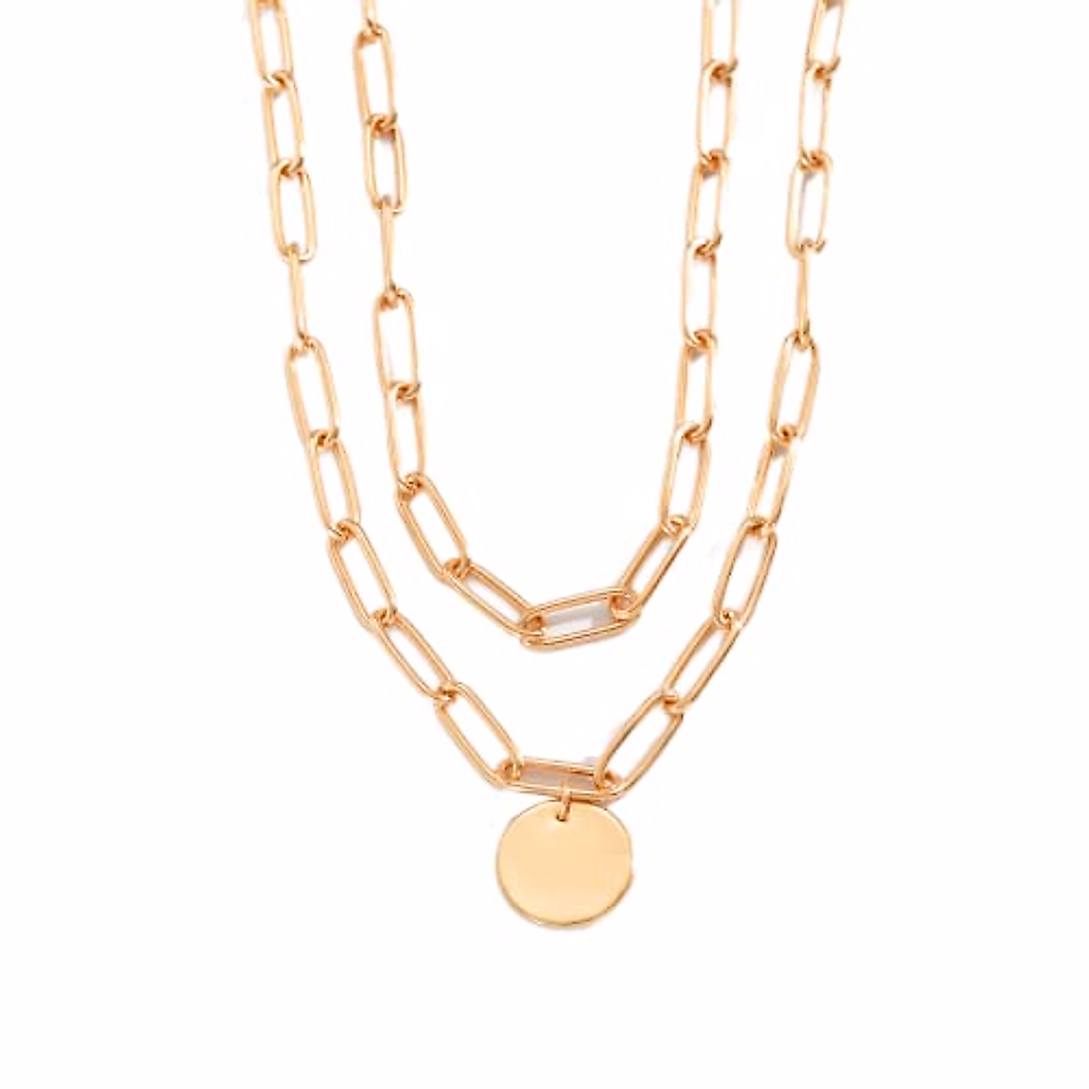 GORGLITTER Women's Round Pendant Layered Necklace Paperclip Chain Necklaces Gold One Size