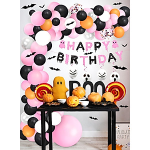 Halloween Pink Birthday Party Decorations Balloon Arch Foil Balloon Banner Bat Hanging Swirl for Halloween Happy Boo Day Baby Shower Party Supplies